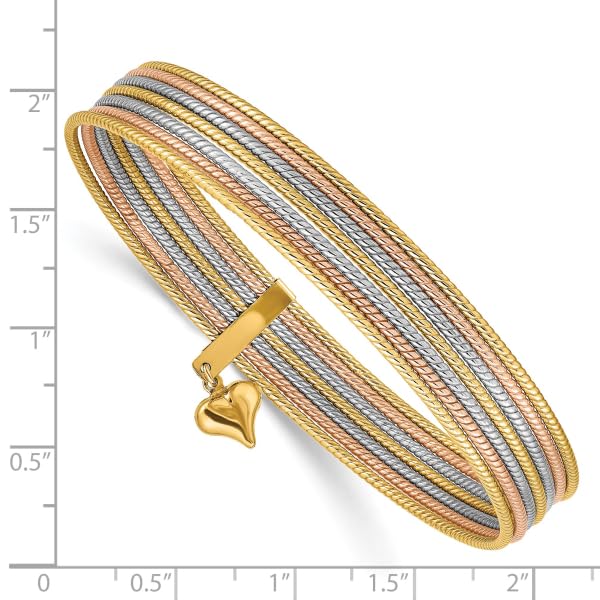 IceCarats 14K Dangling Heart Love Tri Color Gold Set of 7 Slip On Bangle Bracelet