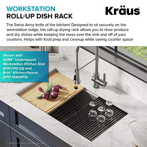 Kraus KRM-11LG Multipurpose Over Sink Roll-Up Dish Drying Rack, Light Grey, 16.88" x 12" x .38"