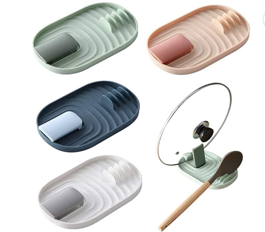 Multifunction Spoon Rest And Pot Lid Holder, Foldable Organizer Household Plastic Utensil Anti-Slip Pan Cover Holder Storage Rack Pot Lid Stand Spoon Shelf (White)