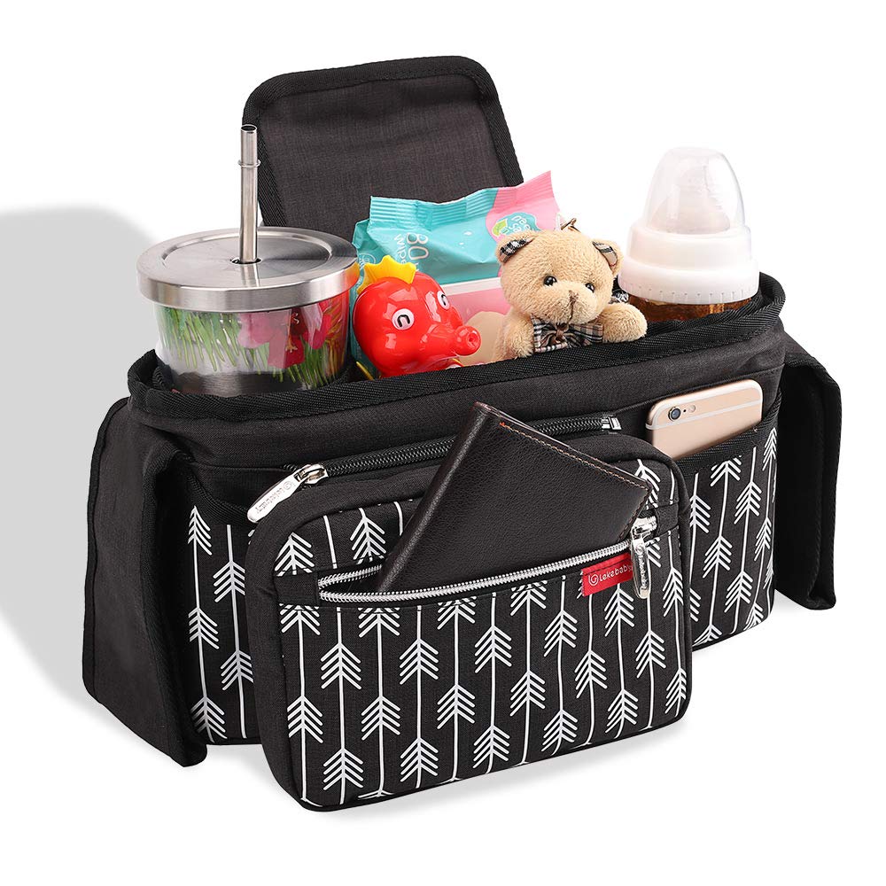 Lekebaby Stroller Organizer with Insulated Cup Holder Universal Stroller Accessories Fits for Stroller like Baby Trend, Baby Jogger, Bugaboo, BOB, Umbrella and Pet Stroller, Black