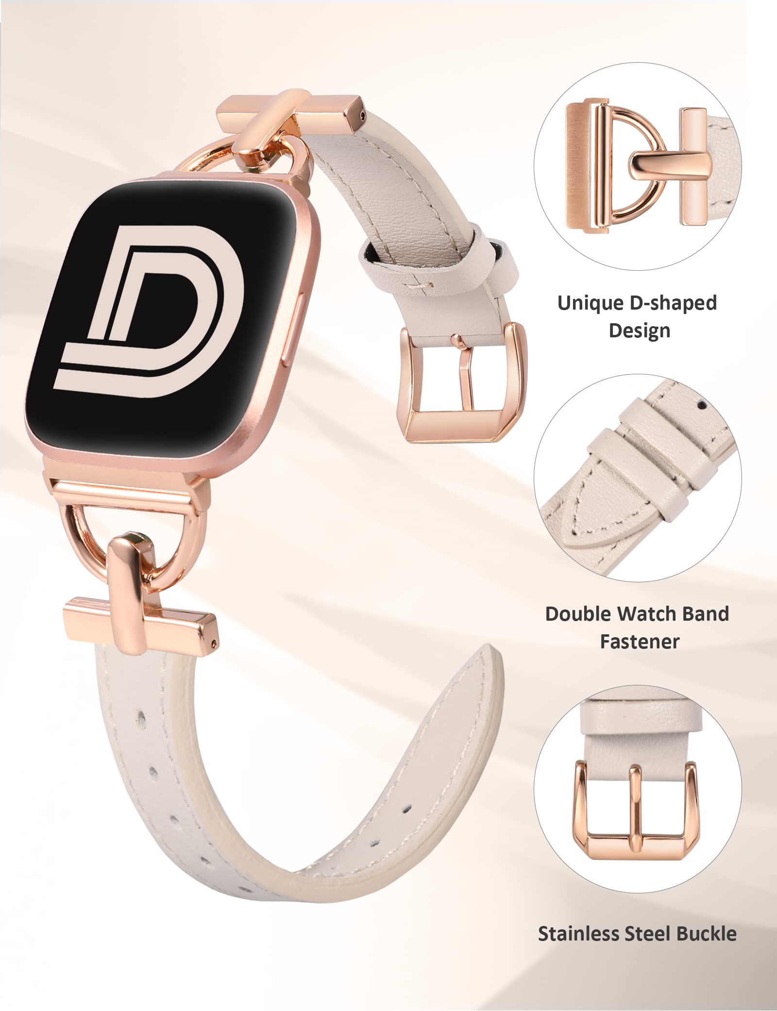 Wearlizer Leather Band Compatible with Fitbit Versa 2 Bands for Women, Dressy Slim Leather Strap Wristband with D-Shape Metal Buckle for Fitbit Versa/Versa 2/Versa Lite/Versa SE Smart Watch
