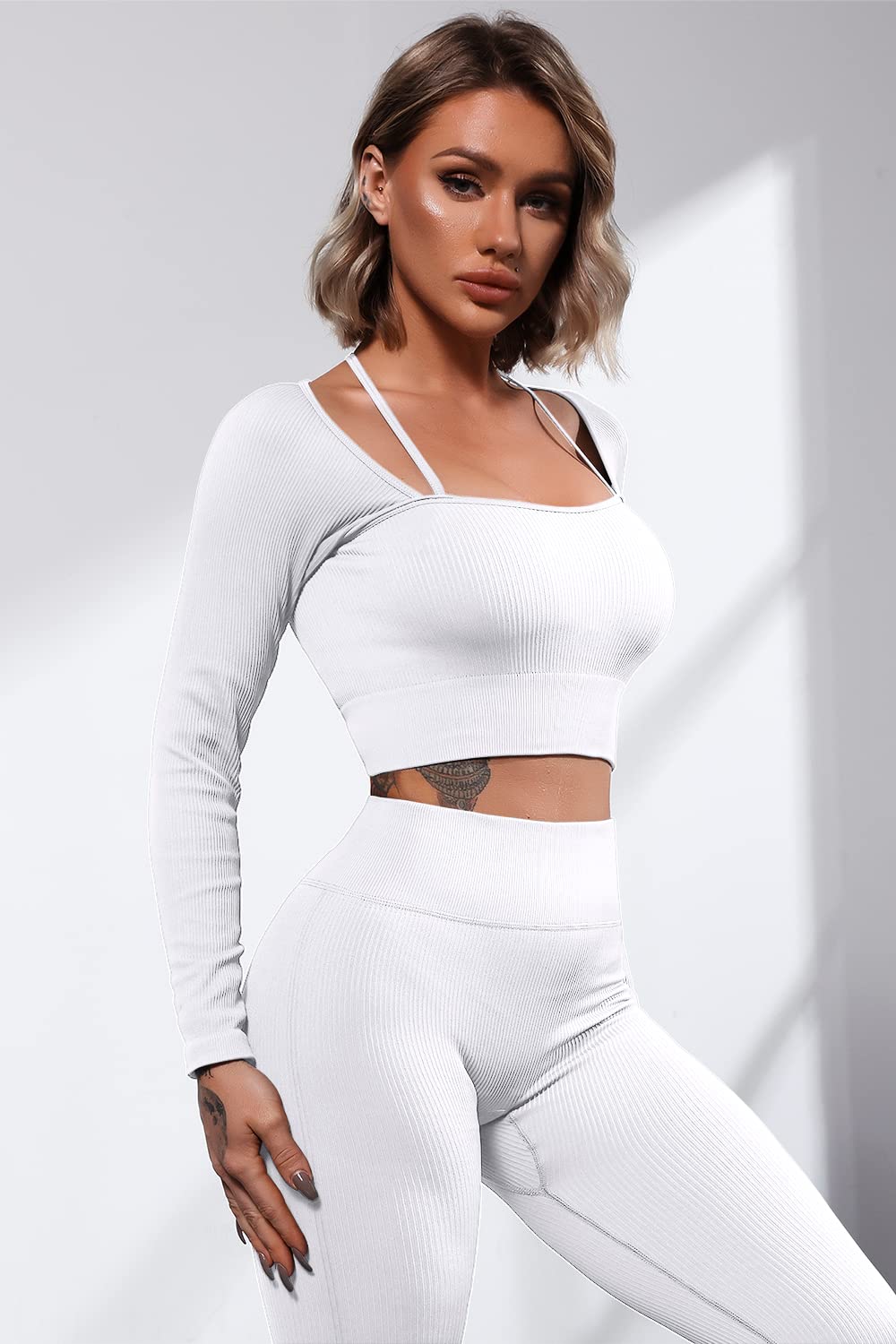 Meyeeka Women's Workout Outfit Sets Halter Strap 2 Piece Yoga Bra Ribbed Seamless High Waist Leggings Matching Sets White S