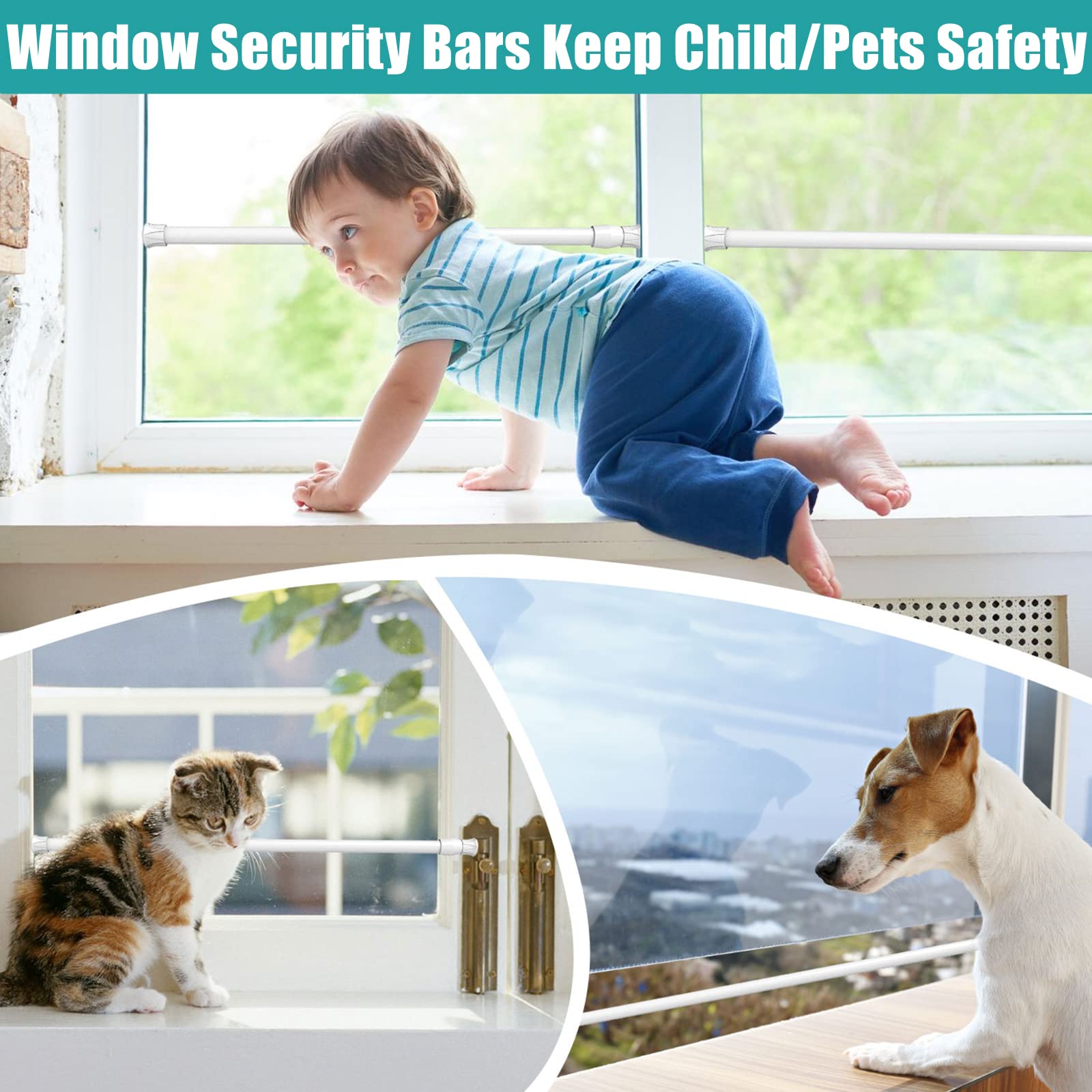 KUANVE 6 Pcs Window Security Bars, Adjustable Sliding Glass Door Bar Sliding Door Security Bar Window Safety Lock Bar with Rubber Tips for Children Home, Extends from 15.8-27.6 Inch, Black & White