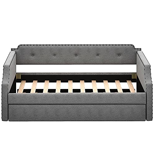 Twin Size Upholstered Daybed with Trundle, Wood Slat Support,Upholstered Frame Sofa Bed,Gray