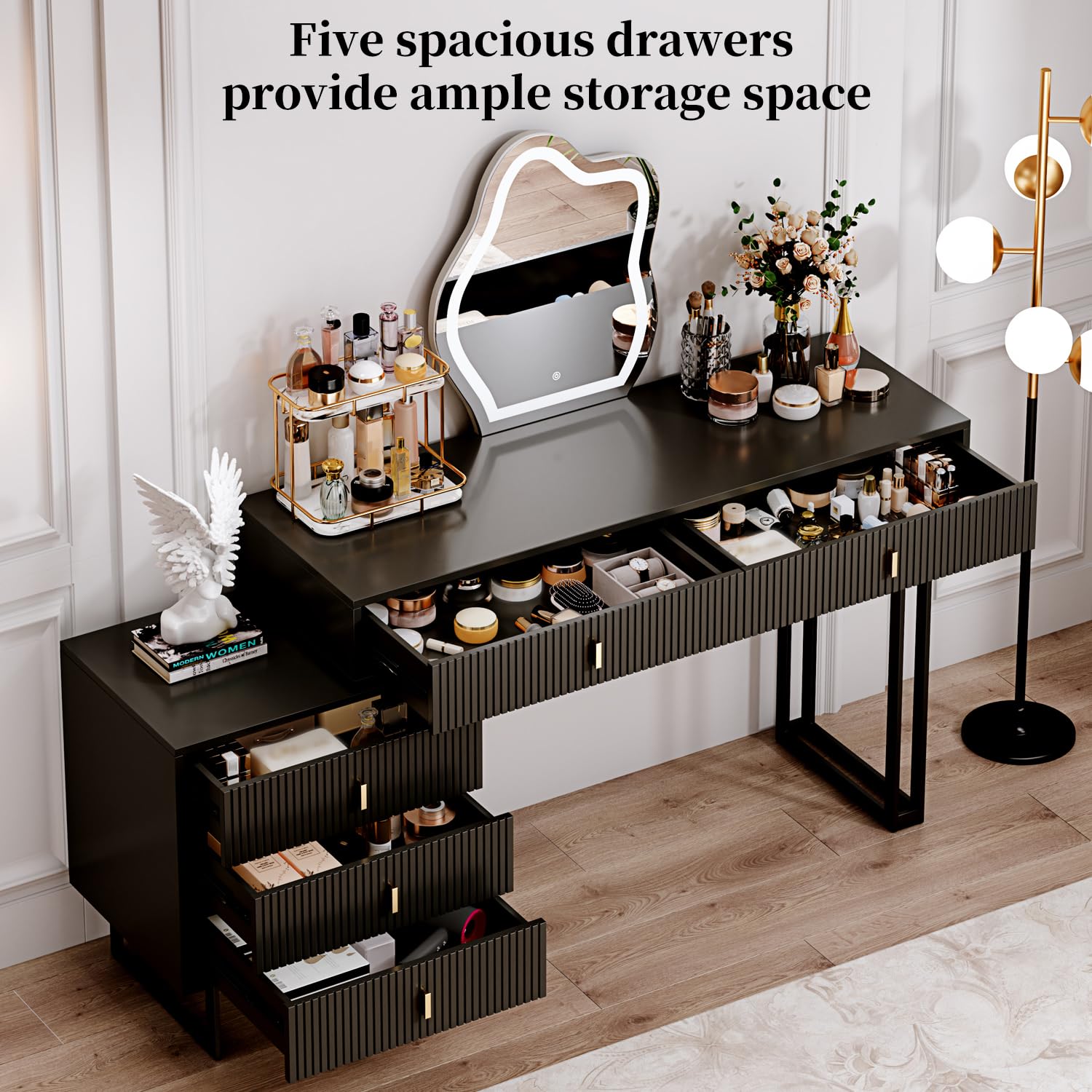 Vanity desk with mirror and lights, with 3 Color Touch Screen Dimming Mirror, Modern Retractable Makeup Dressing Table with Adjustable Cabinet and 5 Sliding Drawers,Vanity Table with Power Strip,Black