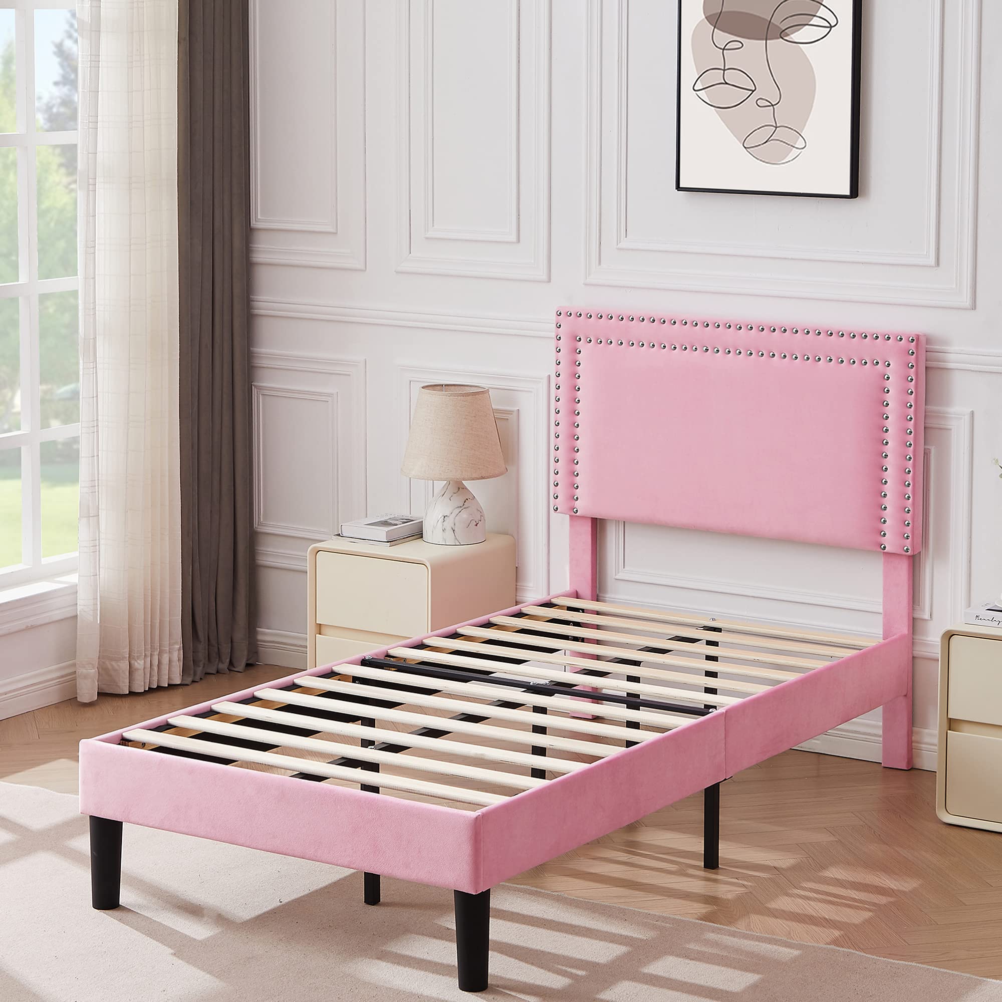 VECELO Twin Size Platform Bed Frame with Height Adjustable Upholstered Headboard, Modern Mattress Foundation,Strong Wood Slat Support, No Box Spring Needed, Easy Assembly