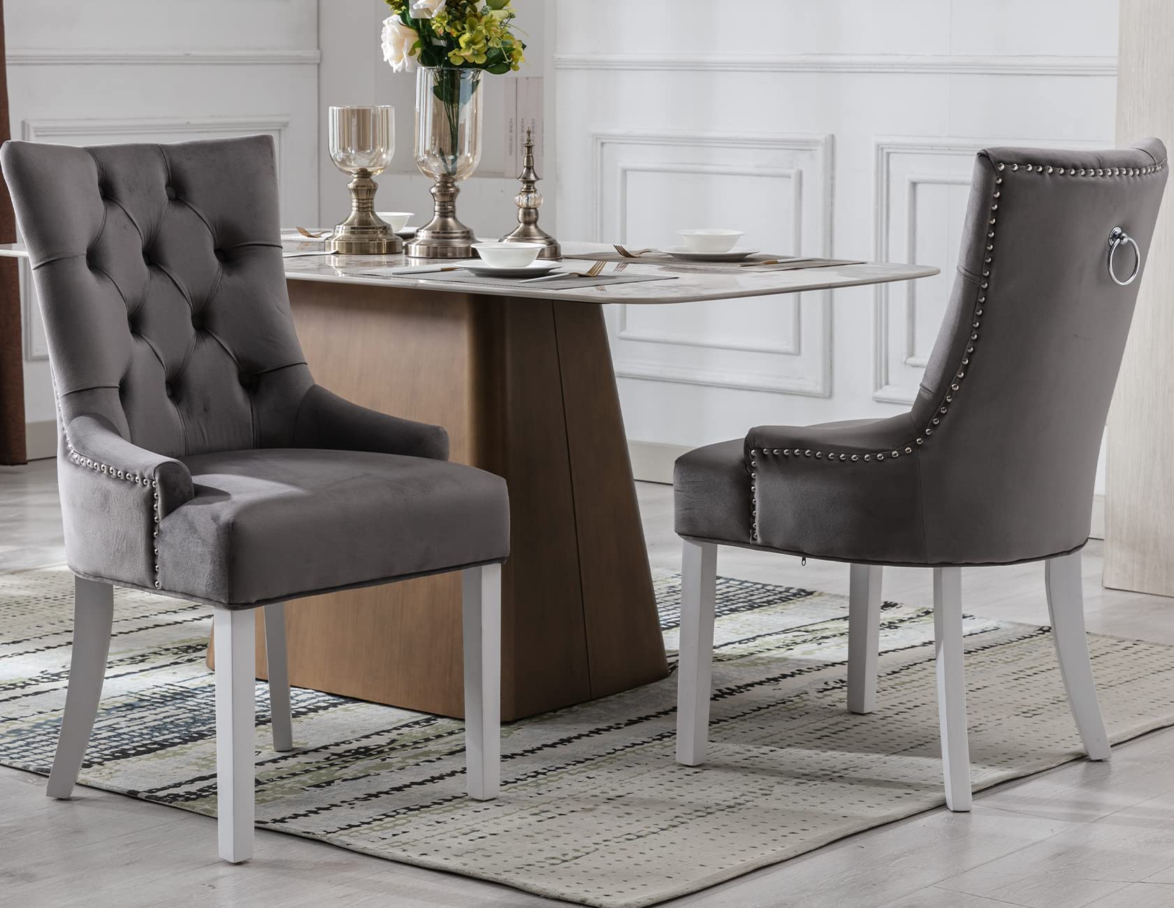 Kmax Velevt Dining Chairs Set of 4 Upholstered Side Chairs Mid Century Modern Accent Chairs with Button Tufted White Wood Legs for Dining Room Guest Room Restaurant, Dark Grey