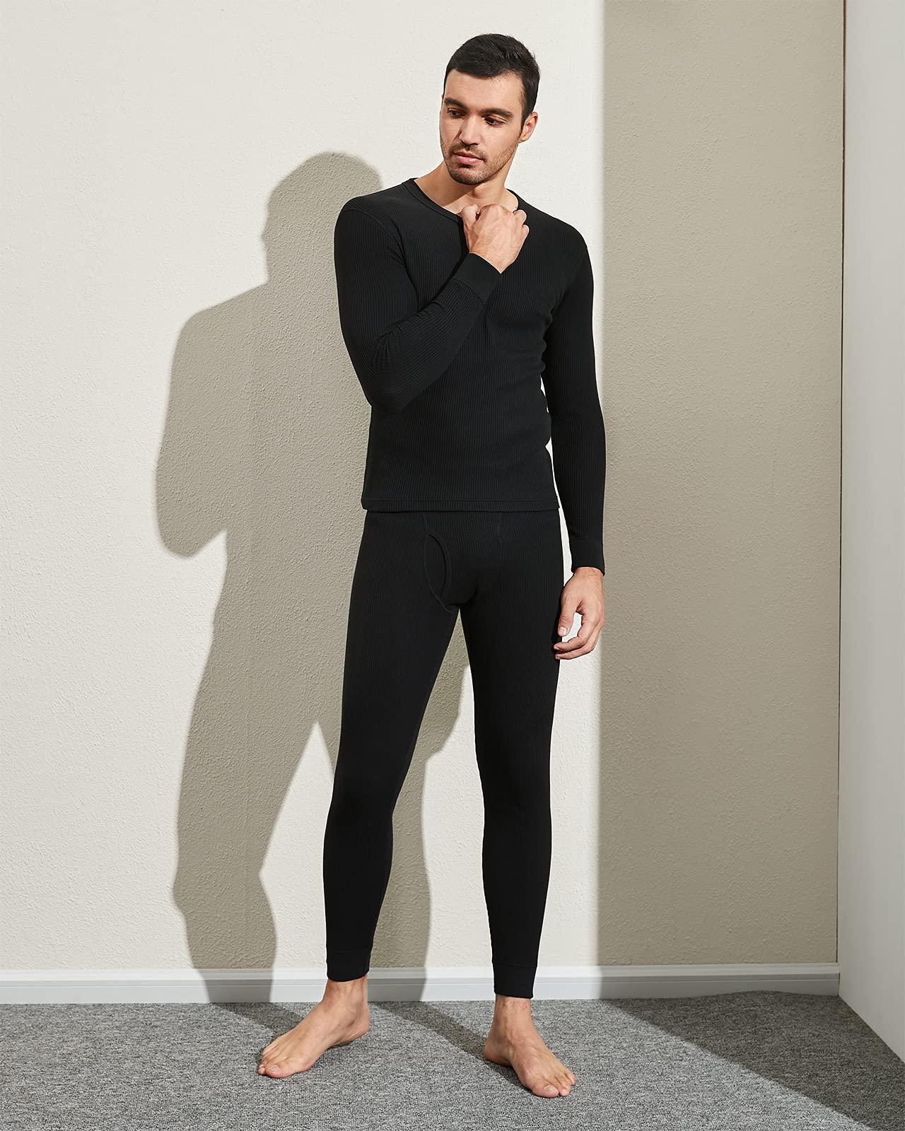 LAPASA Men's Cotton Waffle Thermal Underwear Set Top Long Sleeve Warm Long Johns Base Layer Shirt & Bottom Cold Weather Midweight M60 Medium Black