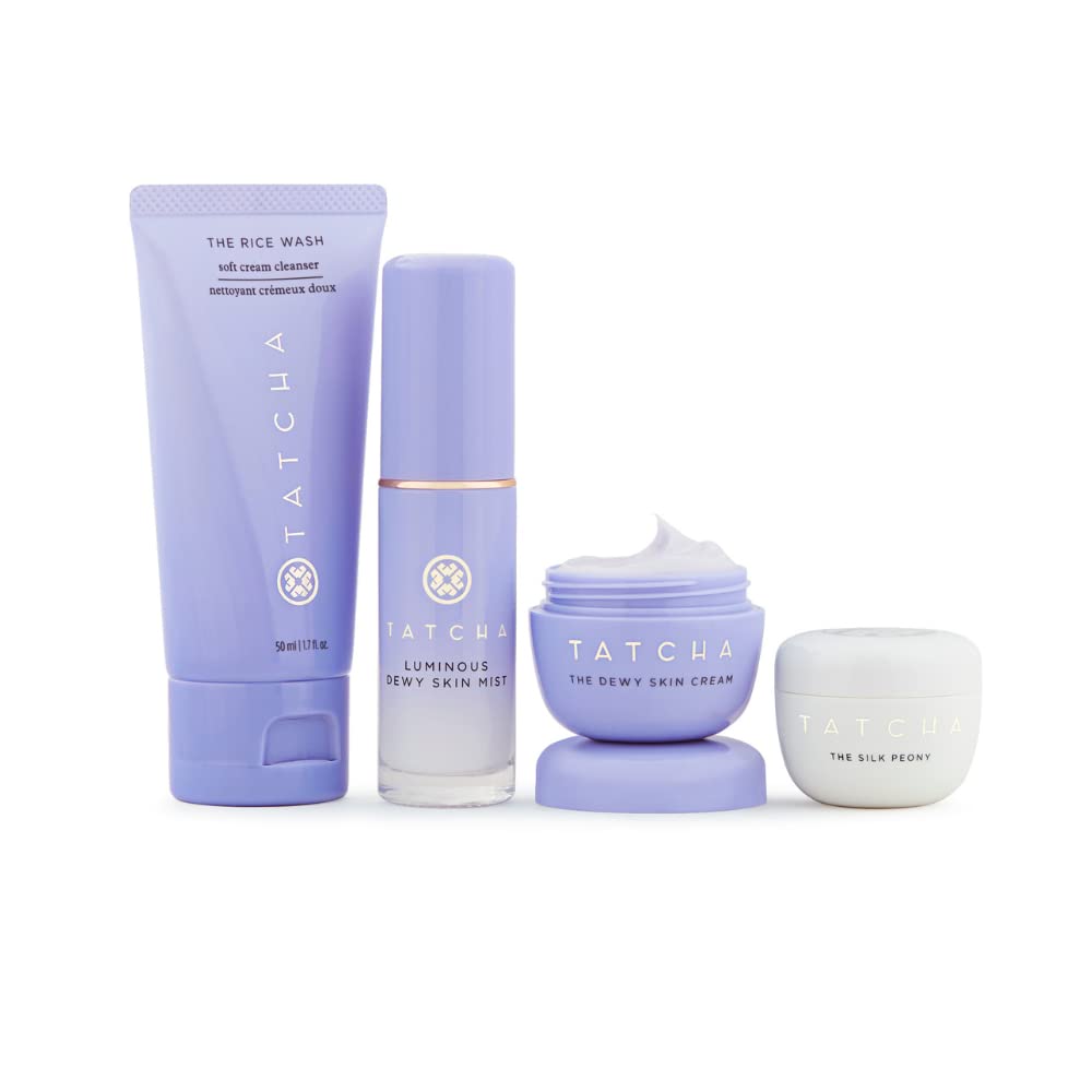 Tatcha Dewy Skin Essentials Exclusive Amazon Set: Rice Wash, Dewy Skin Cream, Silk Peony & Luminous Dewy Skin Mist