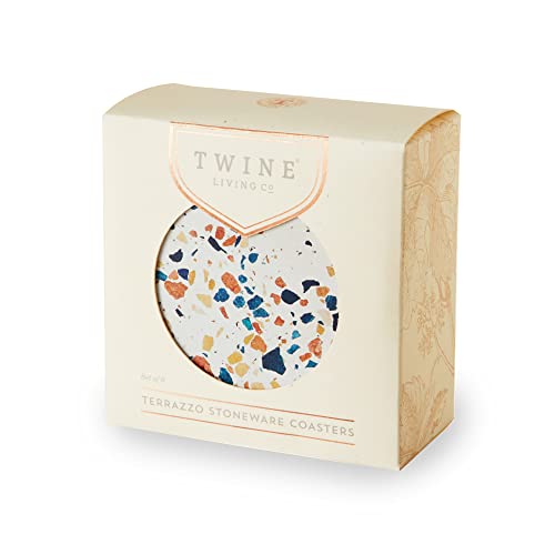 Twine Terrazzo Coasters, Stoneware Coaster Set, White Coasters with Stand, Coffee Table Decor, Set of 6, Multicolor
