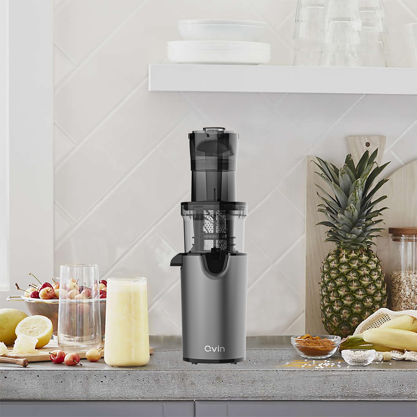 Qvin Compact Slow Masticating Juicer machines 3inch Large Feed Chute, Easy to Clean, BPA Free, 200W Nutritional electrical Cold Press Juicer machine vegetable and fruit,Deluxe Silver-gray