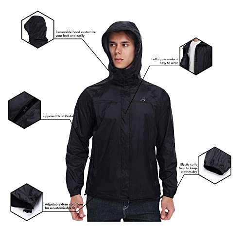 KPSUN Men's Rain Jackets Waterproof Lightweight Windbreaker Packable Cycling Running Raincoats with Removable Hood (Black L)