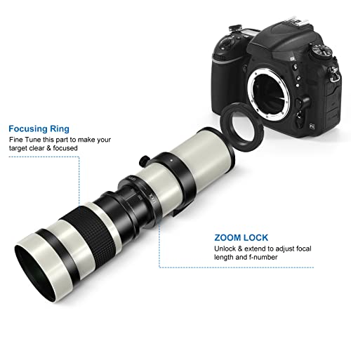 Lightdow 420-800mm f/8.3 Manual Zoom Super Telephoto Lens + T Mount Ring for Nikon D3500 D5600 D7500 D500 D600 D700 D750 D800 D850 D3200 D3400 D5100 D5200 D5300 D7000 D7200 Camera (White Version)