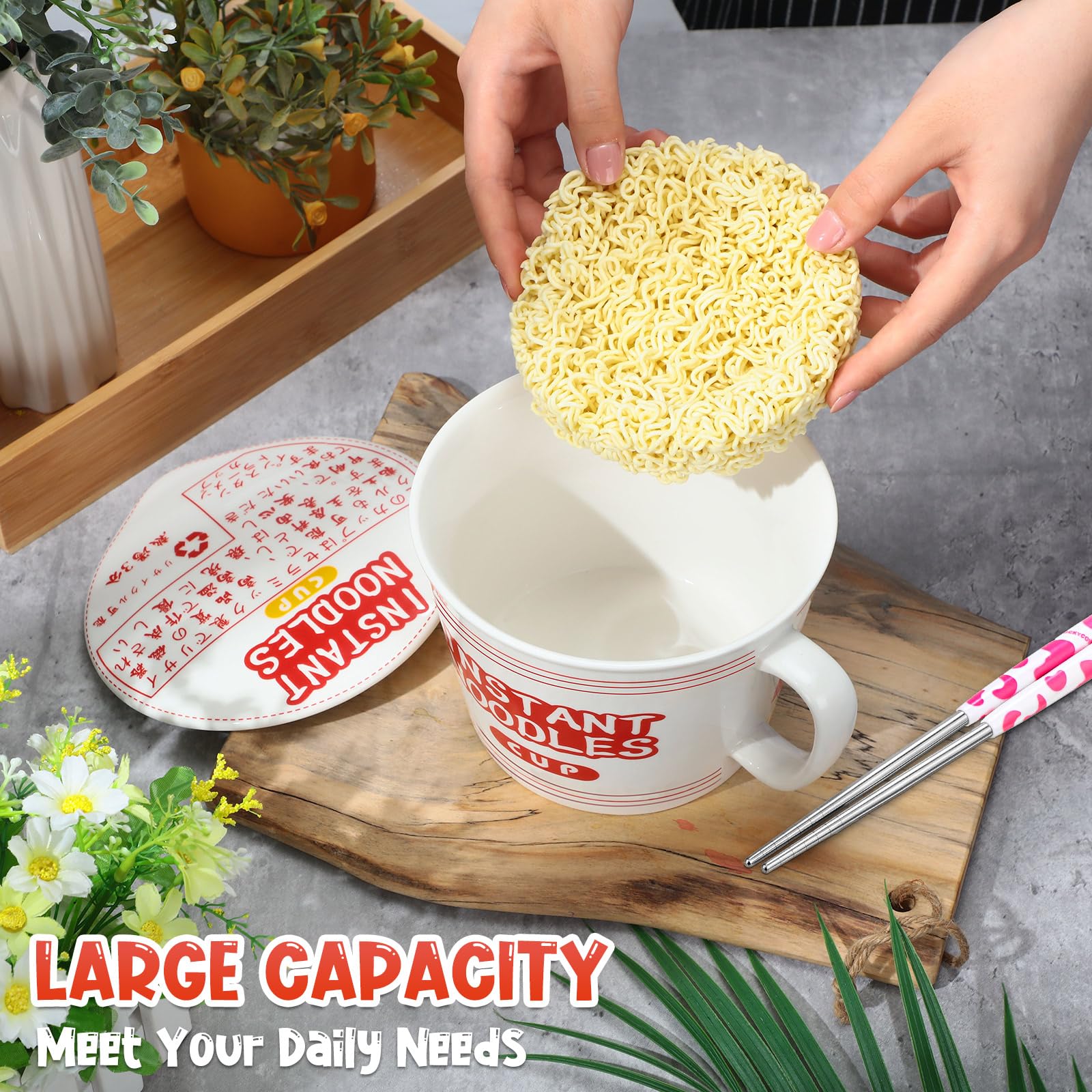 Norme 2 Sets Ramen Bowl Set with Chopsticks 34 oz Instant Ramen Noodle Bowls with Lid Cute Soup Mug Instant Noodles Cup Large Japanese Soup Bowls with Handle for Kitchen