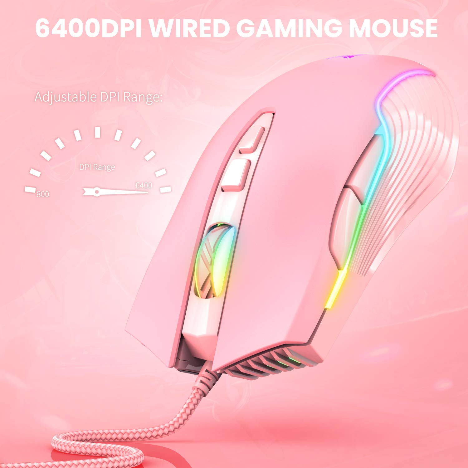 NEWSTYP Cute RGB 6400 DPI Wired Gaming Mouse Breathing LED Optical USB 7 Buttons Gamer Computer Pink Mice for Laptop PC Desktop (Black)