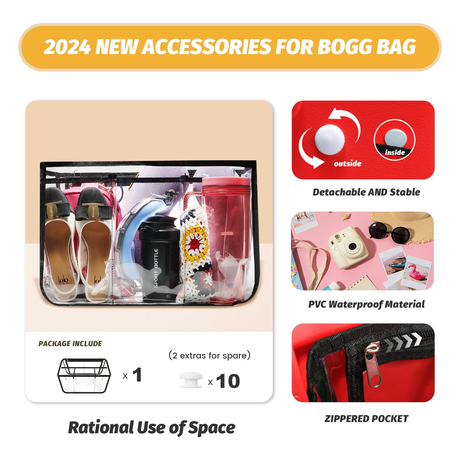 Patomio Eagle Beach Bag Organizer Compatible with Bogg Bag Insert Divide Space 7 Pocekets with Zipper XLarge for Bags Accessories,Waterproof，Transparent & Black