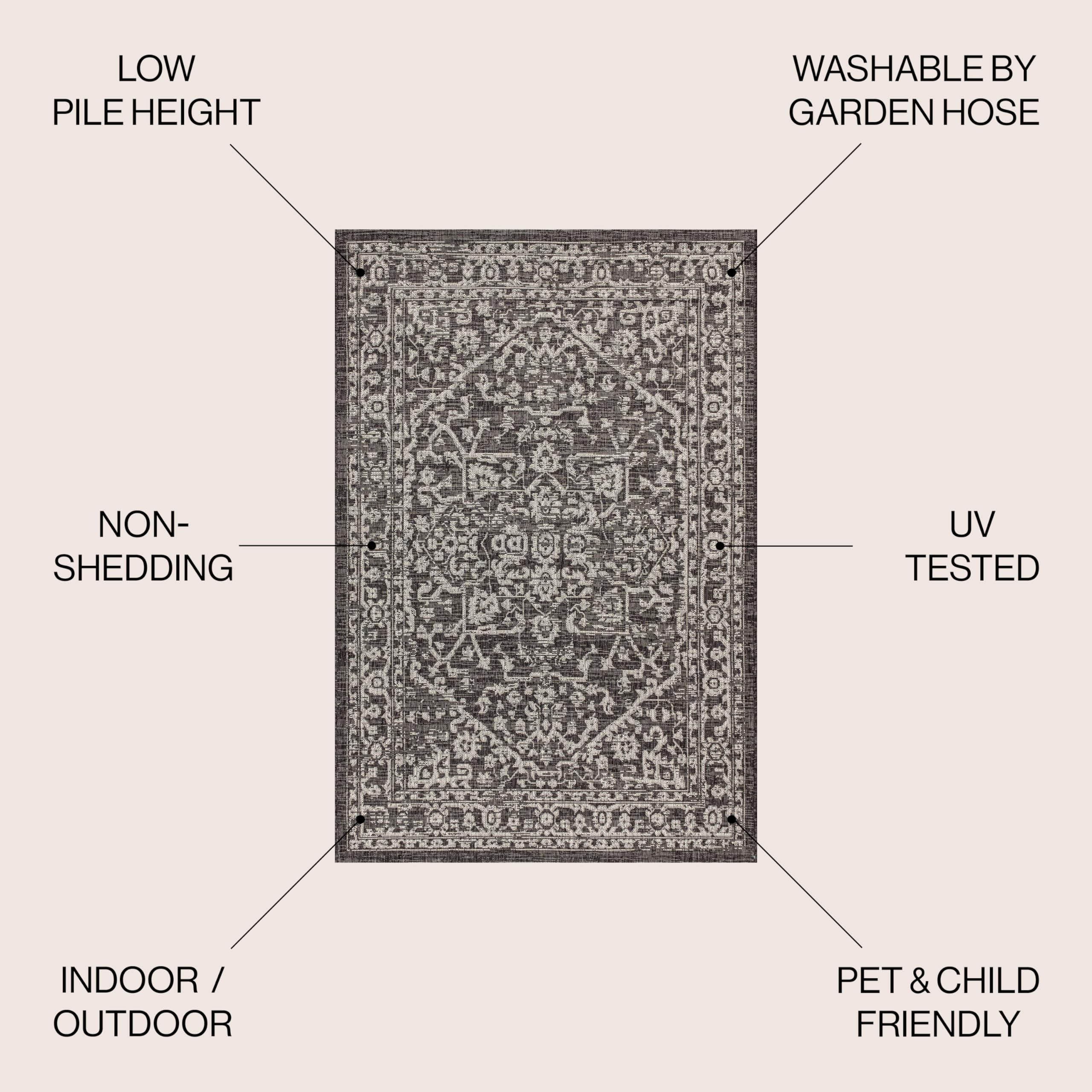 JONATHAN Y SMB104C-3 Malta Bohemian Medallion Textured Weave Indoor Outdoor Area -Rug, Coastal, Traditional, Transitional Easy -Cleaning,Bedroom,Kitchen,Backyard,Patio,Non Shedding, Black/Gray, 3 X 5