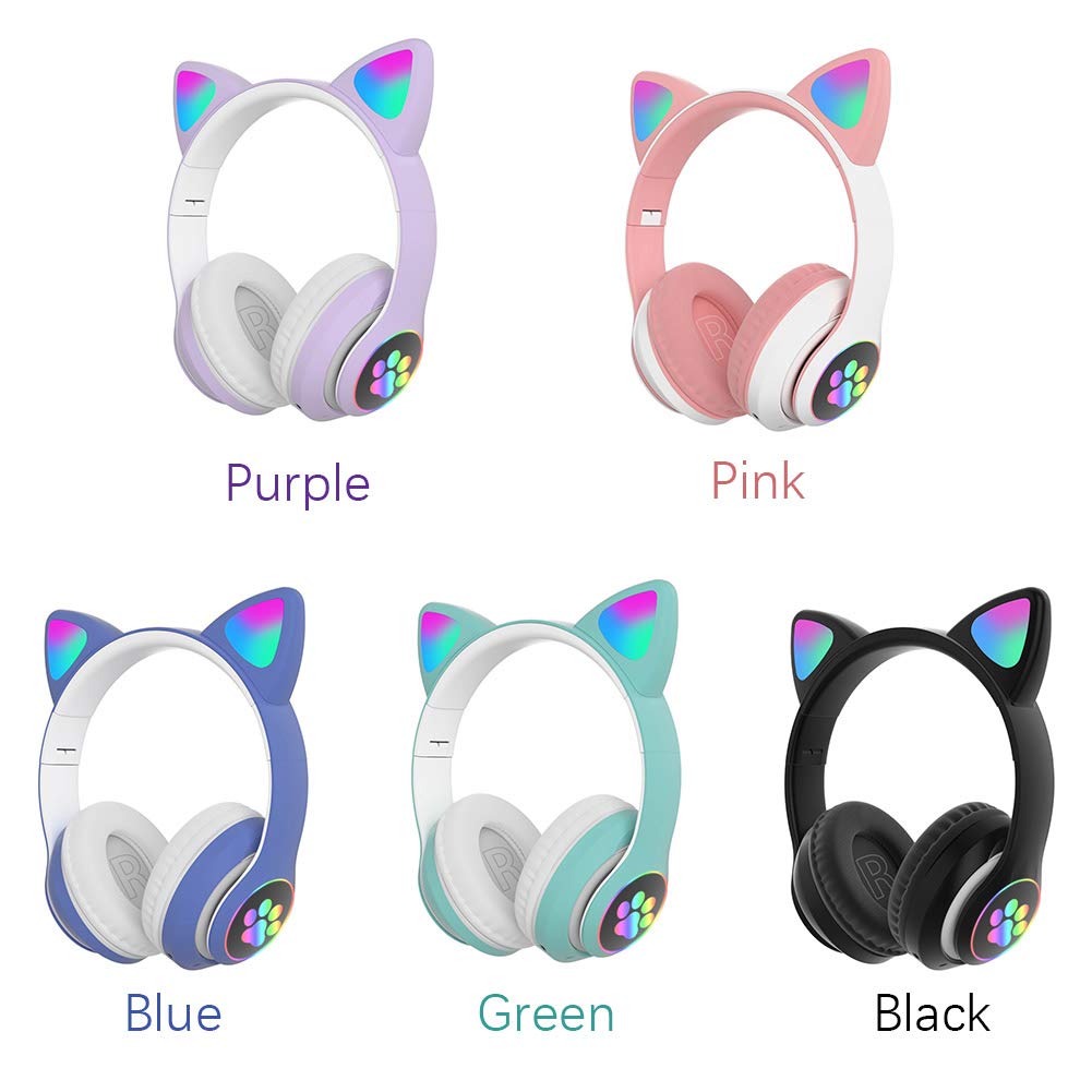 LVOERTUIG Gaming Headset Fashion Bluetooth 5.0 Kids Adult Cat Ear LED Light Up Wireless Gaming Headset Foldable and Stretchable Reduction Headphones Computer Gaming Headphone