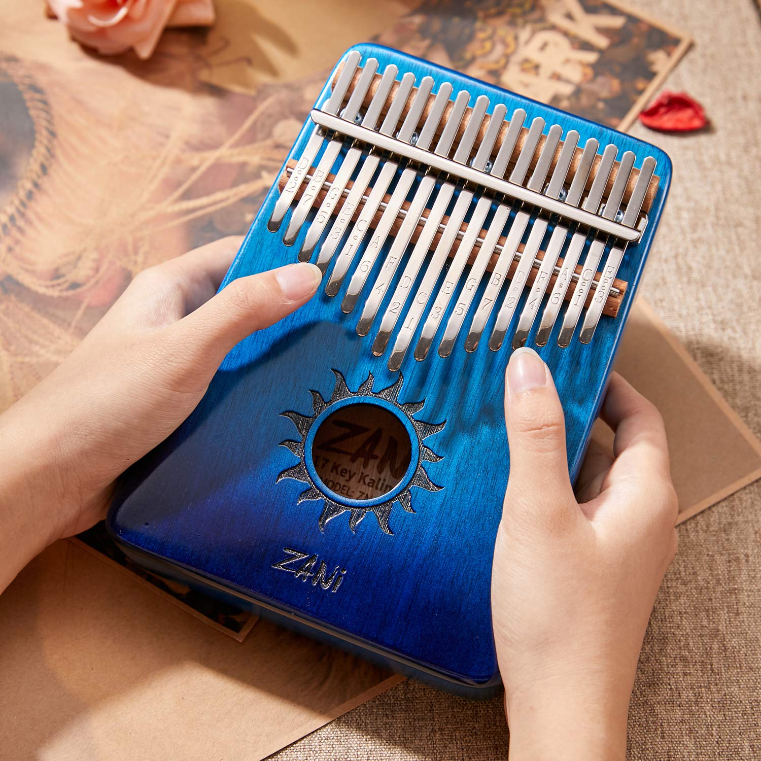 LvPets Kalimba 17 Key Thumb Piano Mahogany Helios Pattern Finger Piano Handhold Mbira Portable Premium Musical Instrument Gift for Kids Amateur and Beginner (Gradient Blue)
