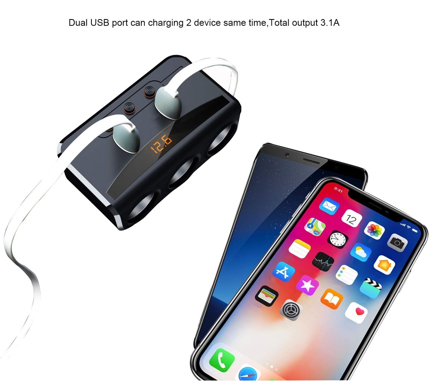 LIHAN 3 Socket Cigarette Lighter Adapter, Car Charger Plug Splitter with Dual USB Ports, 12V/24V Meter Monitor, Compatible with iPhone, LG, HTC, Samsung etc