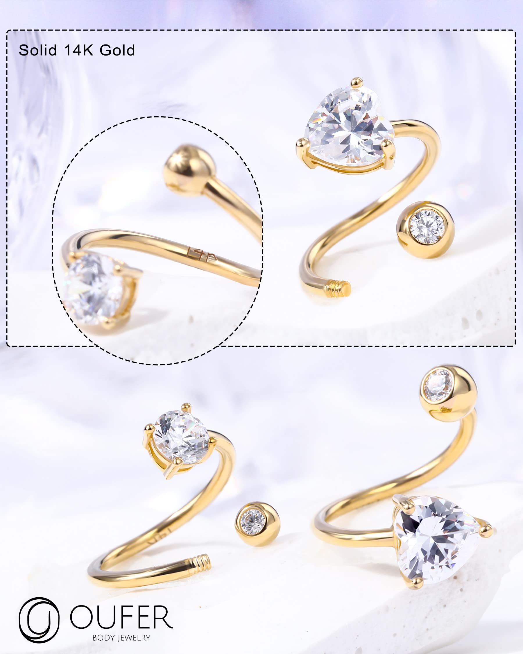 OUFER 16G Twist Helix Earring, 14K Solid Gold Heart Shaped Clear CZ Twist Lip Ring, Labret Conch Rook Upper Lobe Piercing Jewelry For Women And Men