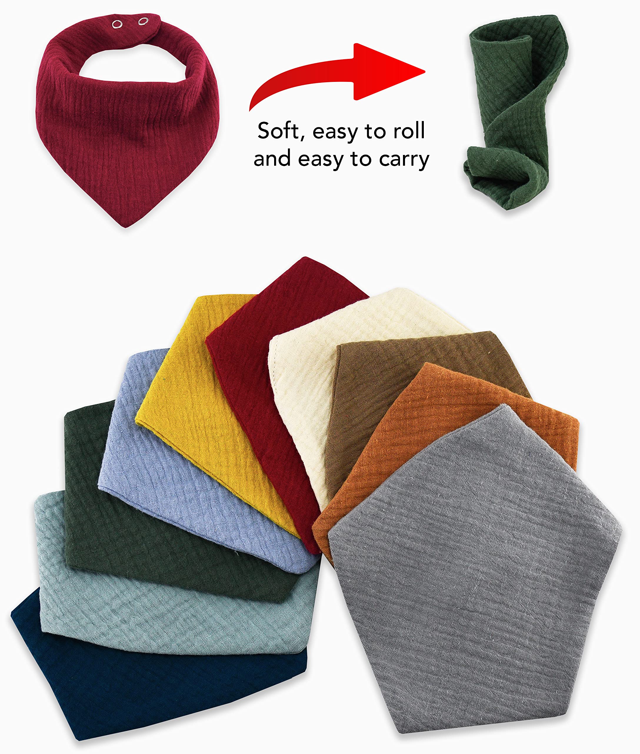 Meerdif Muslin Baby Bibs 10 Pack Baby Bandana Drool Bibs for Unisex Boys Girls, 100% Cotton 10 Solid Colors Set (Multi Color)