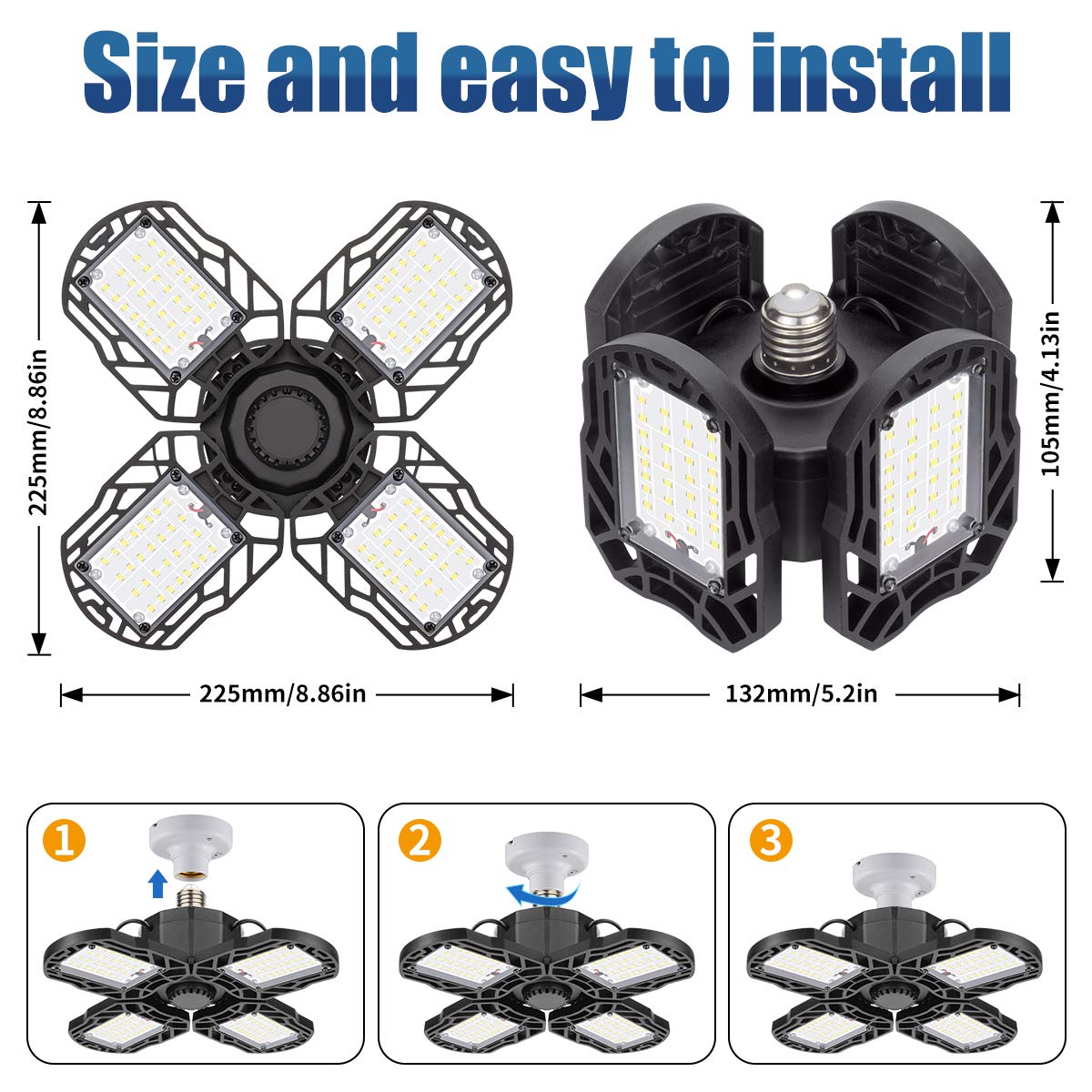 LED Garage Light 150W, New 4 Panels Deformable LED Garage Lights,15000 Lumen Quadruple Glow LED Garage Light, 6000K Retractable E26/E27 Garage Ceiling Light for Basement, Barn, Warehouse (1PACK)