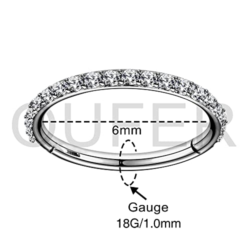 OUFER 18G Titanium Nose Rings Hoops, Solid G23 Titanium Nose Pierciings, with Clear CZ Paved Conch Earrings, Daith Helix Piercing Jewelry for Women and Men-Silver 18G 6MM