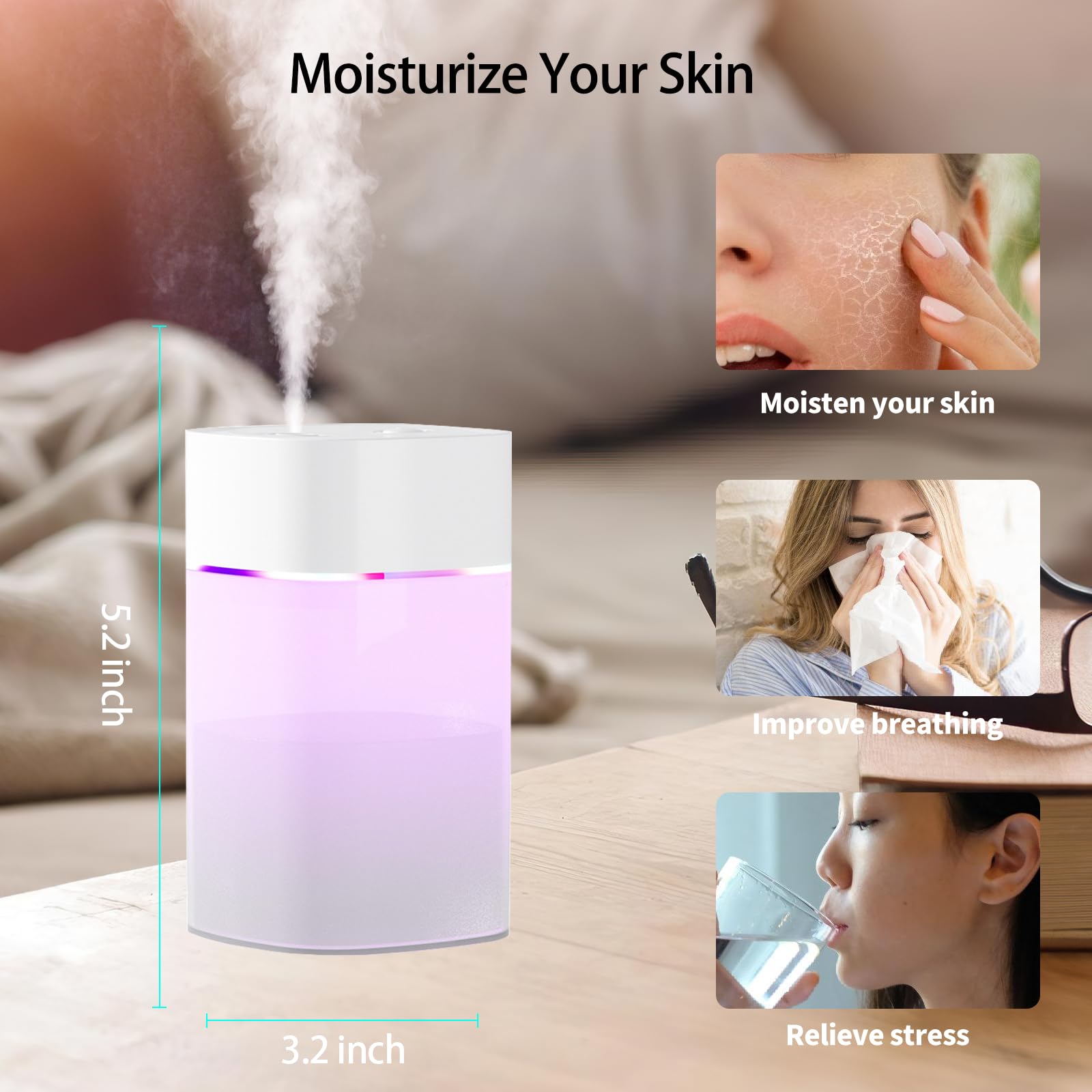 Small Humidifier, Mini Humidifier for Plant, 400ml Cool Mist Humidifiers for Bedroom, Desk Personal Humidifiers for Indoor Office Car, Portable Humidifier for Double Nourishment-White