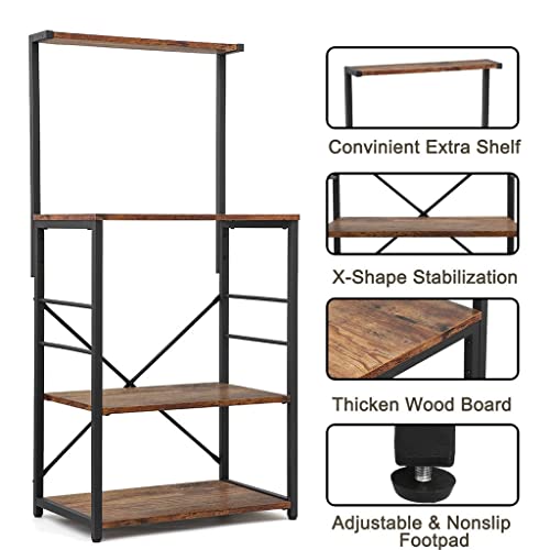 WYKDD 4 Tier Wooden Kitchen Storage Rack Bakery Shelf with 4 Tier Microwave Oven Farmhouse Rustic Industrial Style X Design Frame