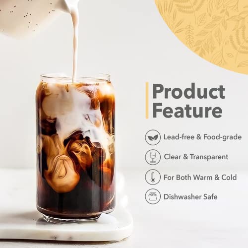 MUAZIDA Can Shaped Glass Cups with Lids and Straws, Iced coffee tumbler, Glass Cup with Bamboo Lid and Straw, Set 4pcs 16 oz Beer Glasses, Gift 2 Cleaning Brushes, Straw Case