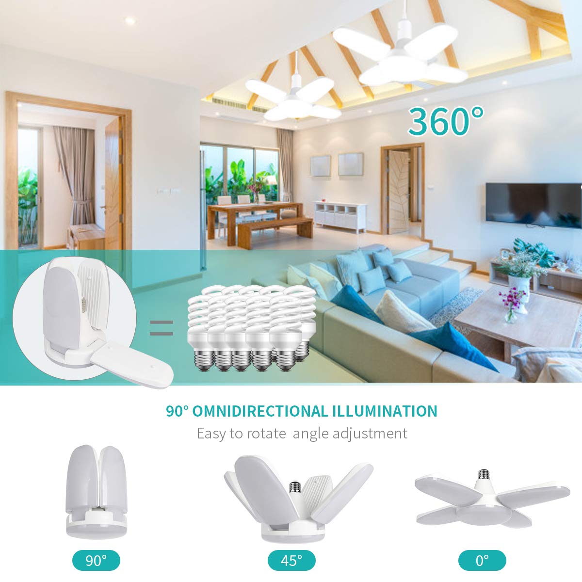 LED Garage Light,60W 6000LM Garage Ceiling Lights with 4 Adjustable Panels,E26 Deformable Super Bright Working LED Daylight White Light Bulbs,Shop Lights for Workshop, Barn, Warehouse,Basement