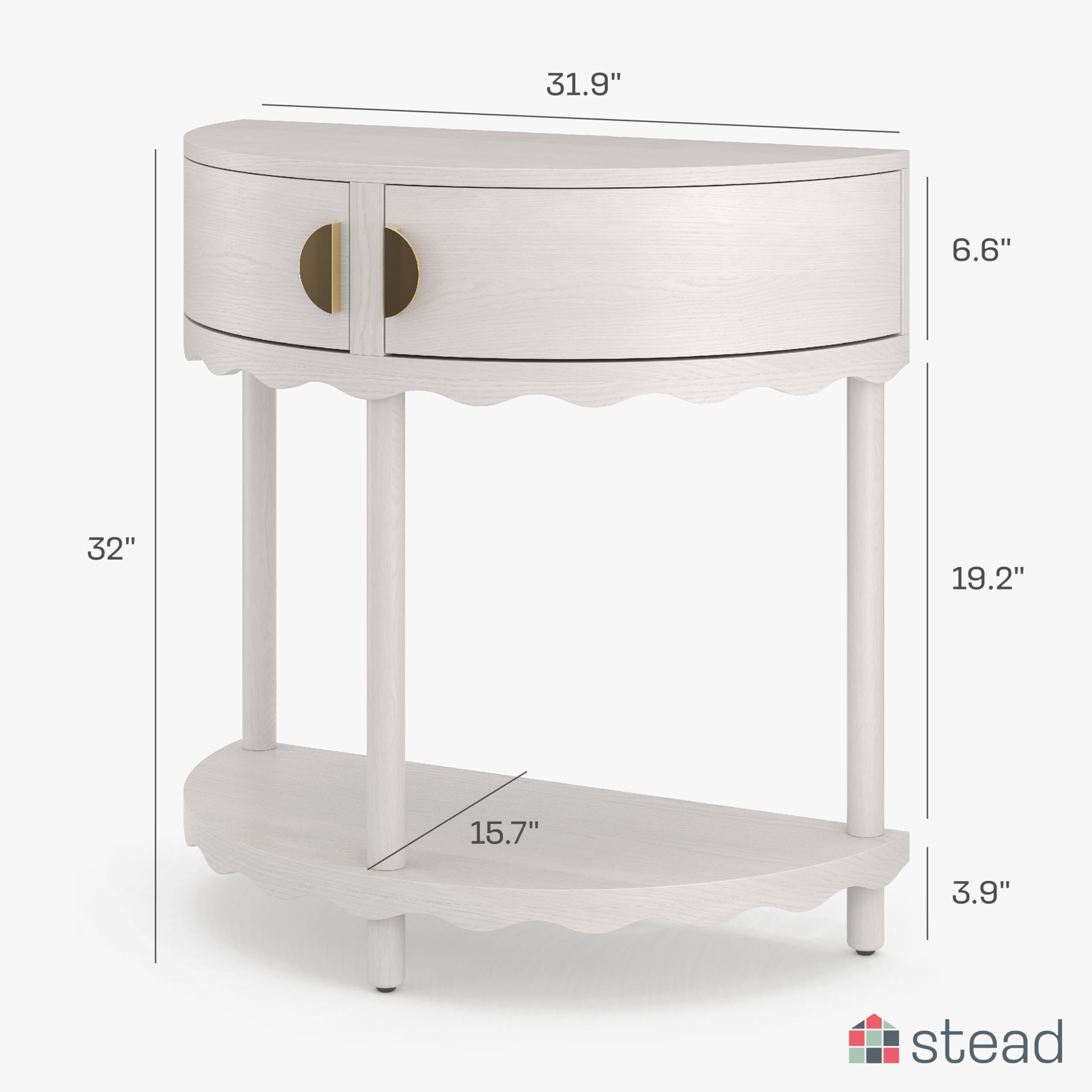 Scalloped Skirt Half Moon Console Table - Small Entry Table with Storage for Narrow Spaces - Modern Home Decor - Living Room Furniture - Solid Wood Entryway Table with Two Doors (Whitewash Oak)