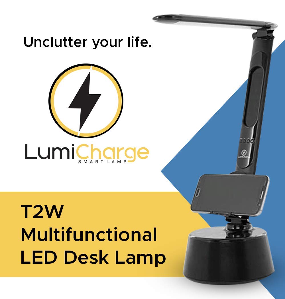 LumiCharge T2W- LED Desk Lamp,Bluetooth Speaker, Desk Lamp with Wireless Charger Compatible with iPhone, USB Charging Port, Table Lamp with Clock, Date, Temperature, Bedside lamp for Home Office