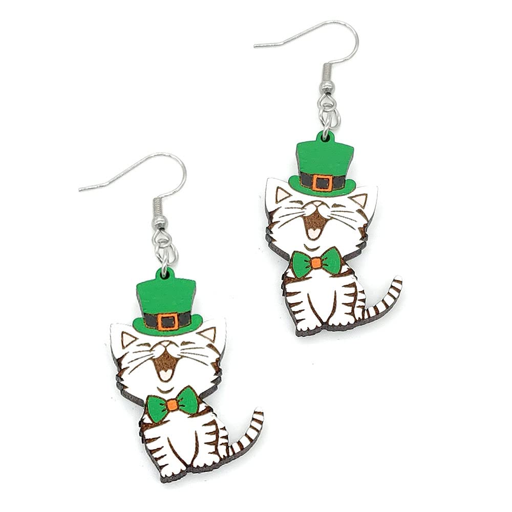 Pingyongchang St. Patrick's Day Earrings Irish Shamrock Rainbow Wood Dangle Drop Earrings Handmade Green Clover Cat Dog Wooden Earrings for Women Holiday Good Lucky Jewelry Gift-Cat