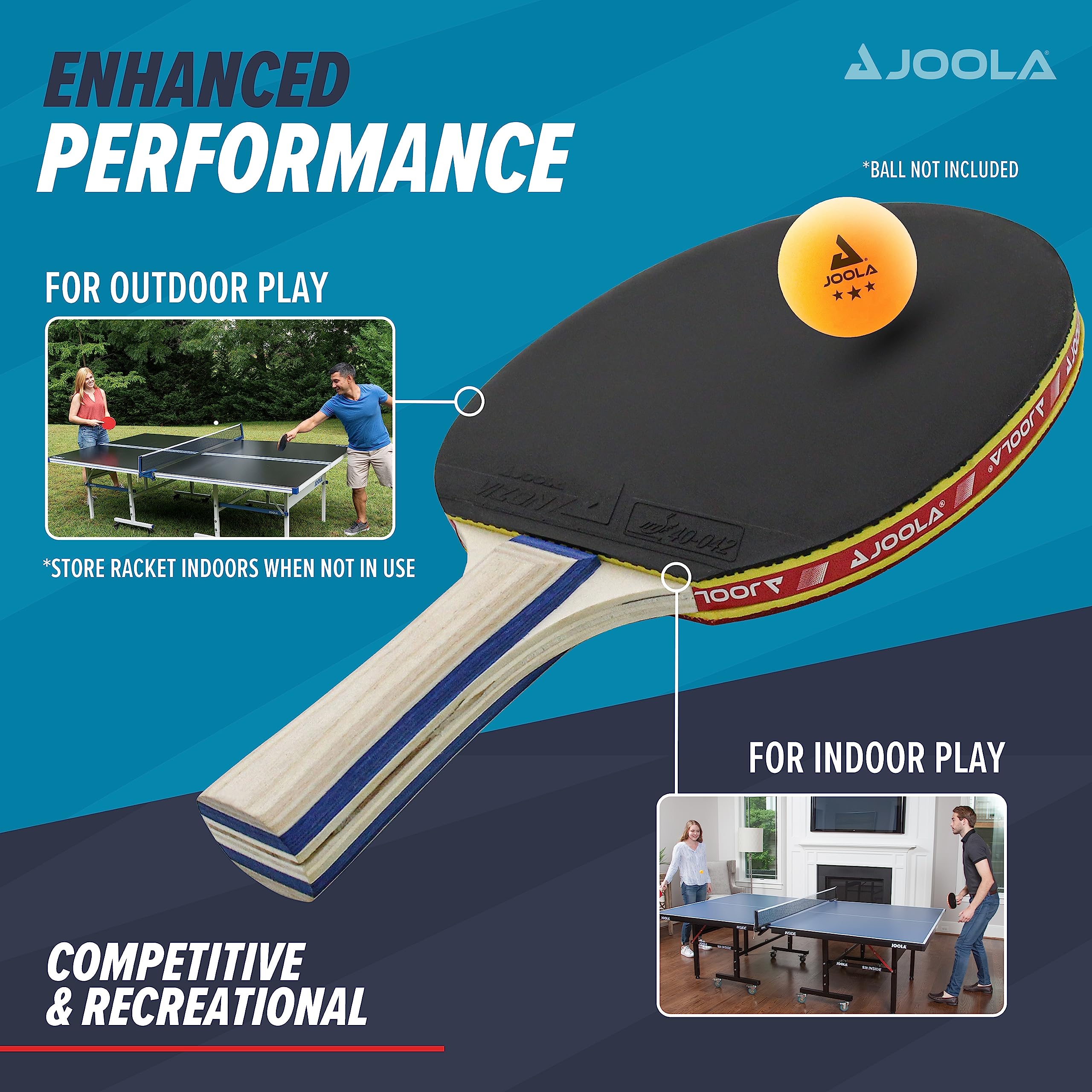JOOLA Cobra Recreational Ping Pong Paddle - ITTF Approved Table Tennis Rubber - JOOLA Technology Ensures Ideal Ball Control and Spin - Table Tennis Racket for All Skill Levels - Flared Handle Grip
