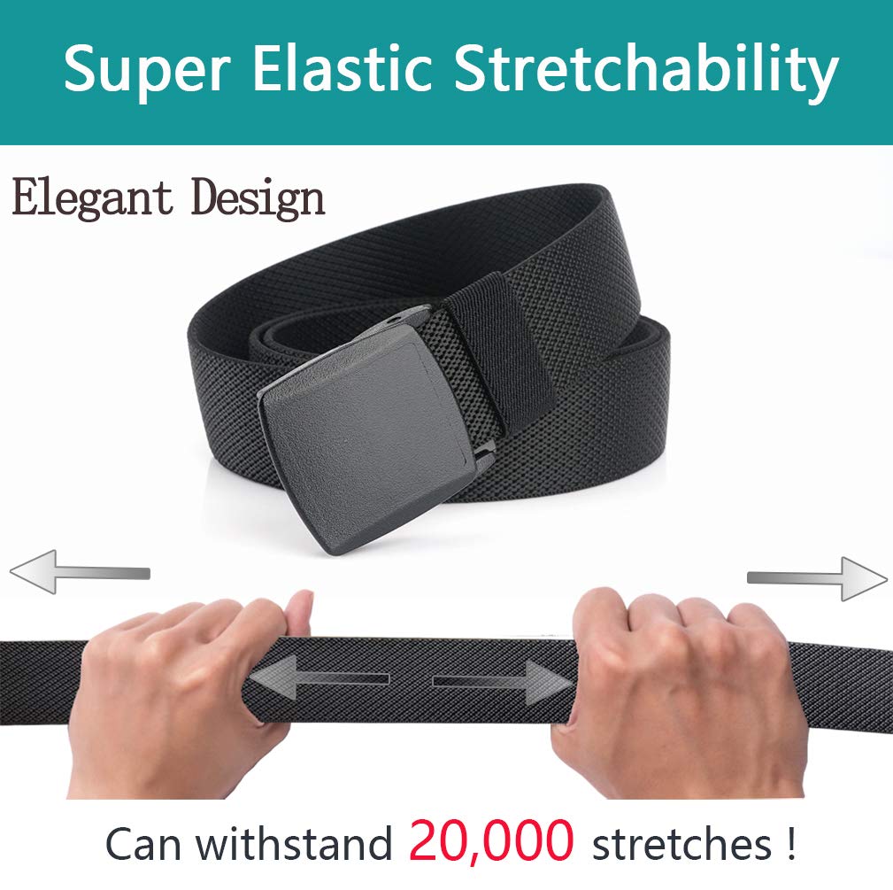 LionVII Men's Stretch Belts -Breathable Casual Web Belt for Men with No Metal Plastic Buckle for Work Sports, Adjustable [53" L x 1.5" W](Black)