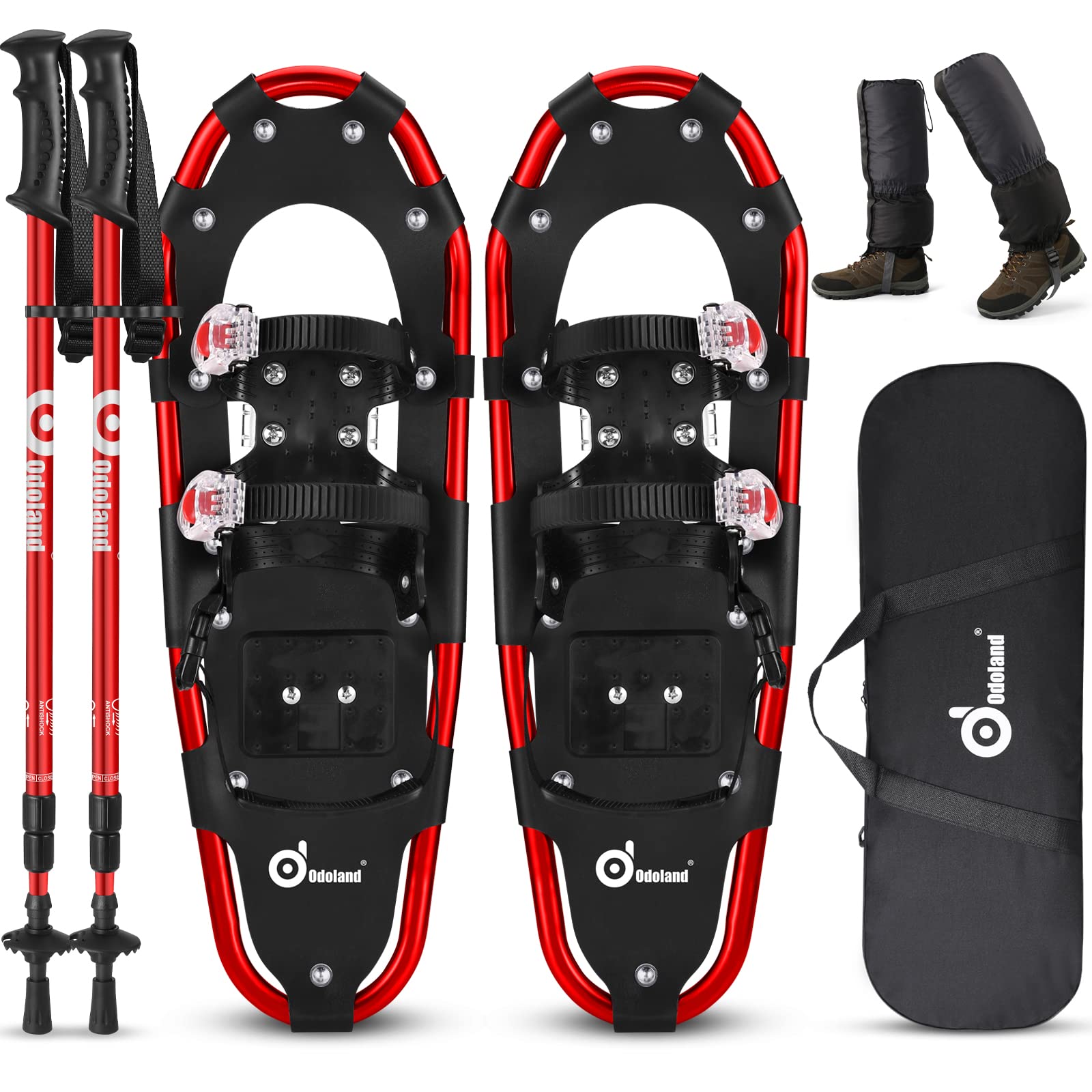 Odoland Bundle - 2 Items 4-in-1 Snowshoes with Trekking Poles, Red, S and Snowboard Helmet
