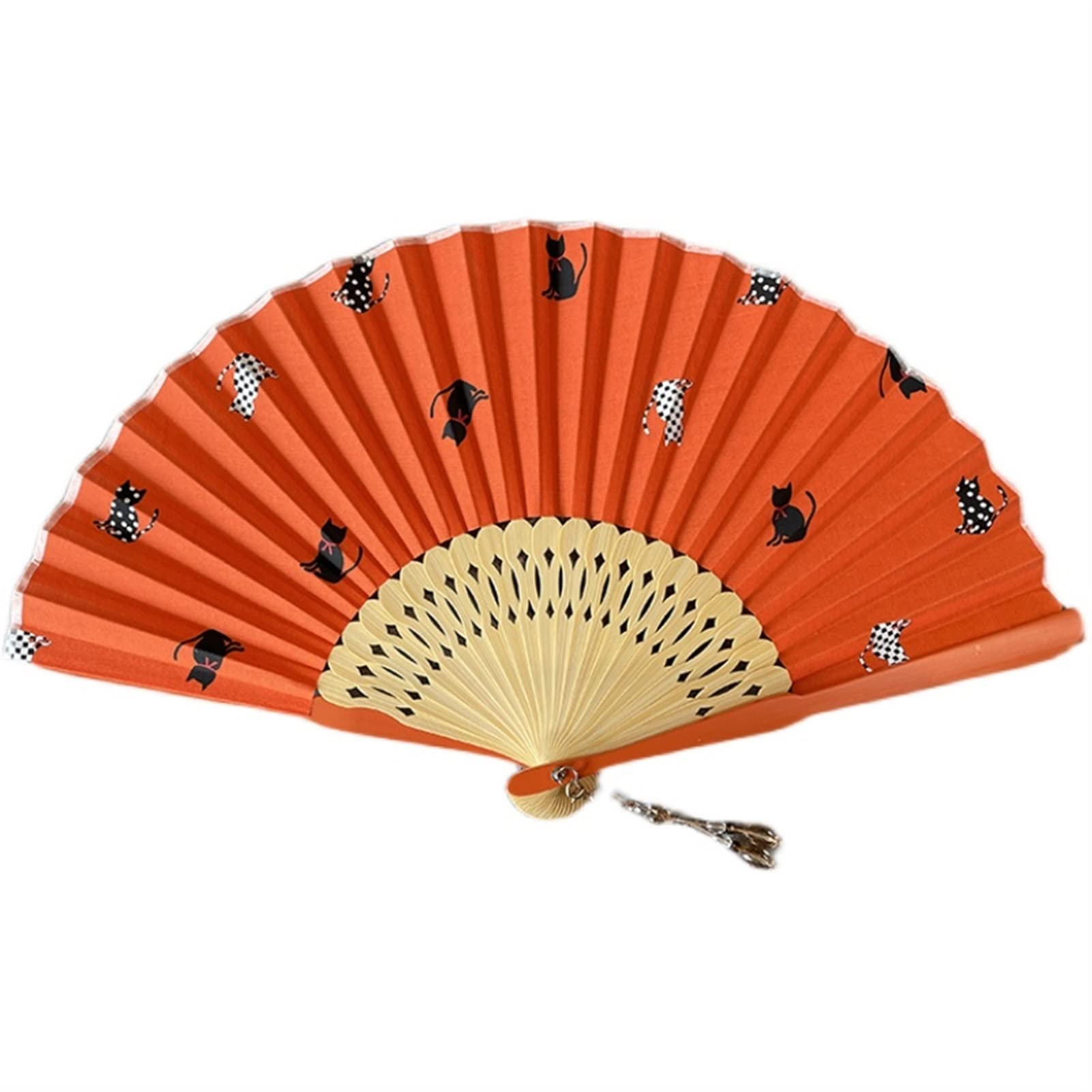 RAN Bamboo Cat Printed Folding Fan, 7.9in Cotton Fabric Folded Fan with Simulated Crystal Pendant, for Women and Men (Color : Orange, Size : 7.9")