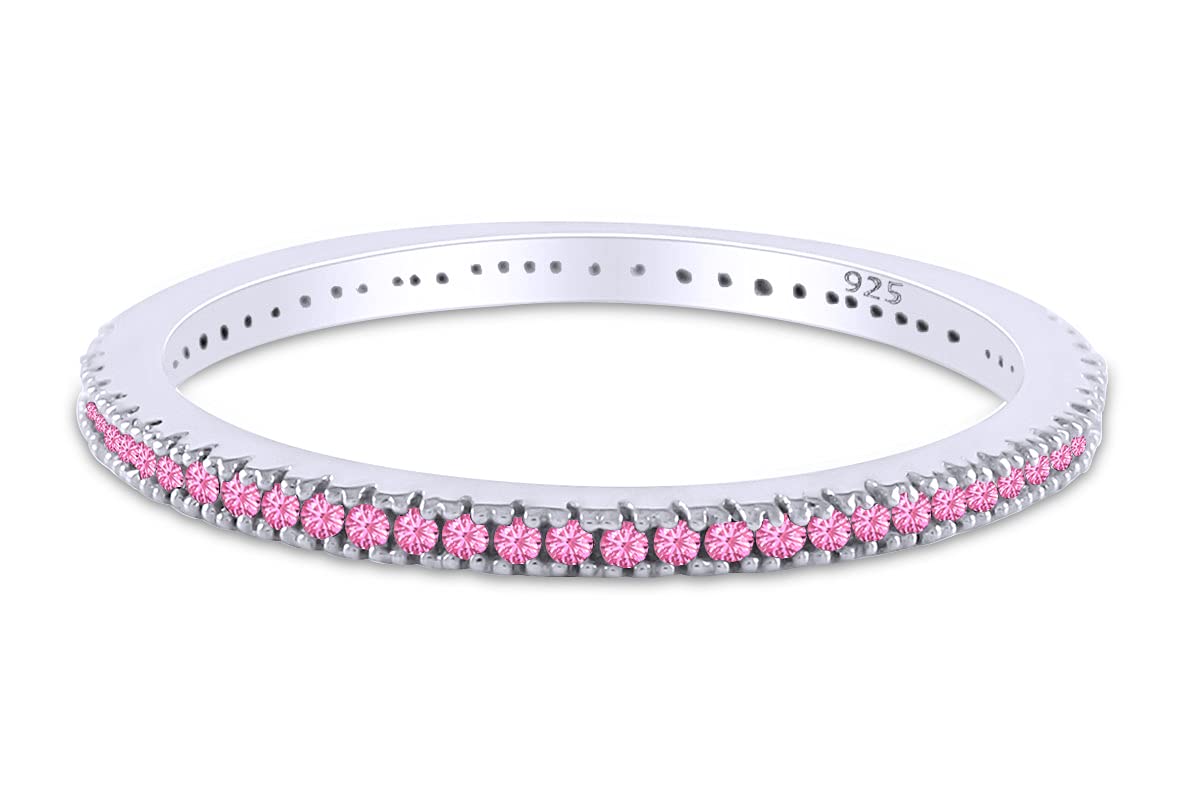 Jewel Zone US Round Cut Simulated Tourmaline Eternity Stackable Wedding Ring in 925 Sterling Silver (1/5 Cttw)