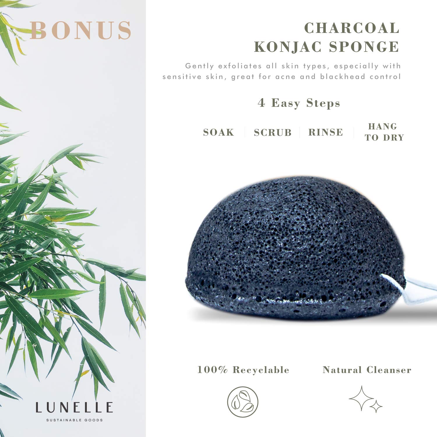 Lunelle Charcoal Bamboo Reusable Makeup Remover Pads 12 Pack - Reusable Face Pads with Laundry Bag + Charcoal Konjac Sponge Bamboo Makeup Remover Pads - Sustainable Reusable Cotton Pads Face Gift Set