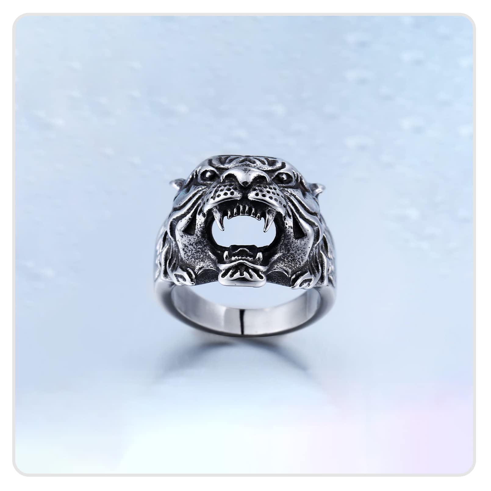 Nsitbbuery Hip Hop Jewelry Biker Ring Stainless Steel Tiger Head Band Ring(Steel(7))