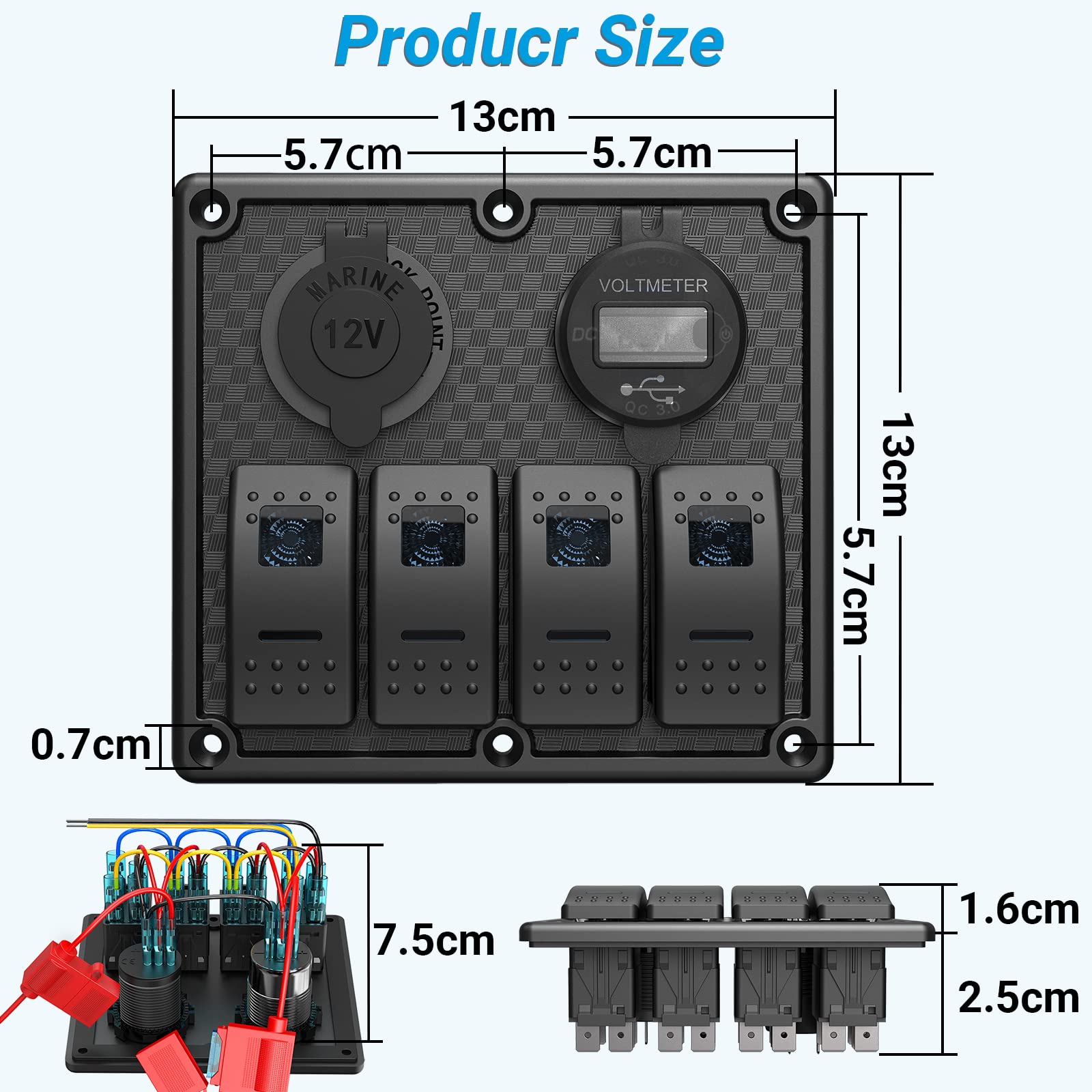 Ouffun 4 Gang Marine Boat Rocker Switch Panel, 12V Waterproof RV Led Switch Panel for for Car Truck RV Boat Aluminum Dual QC3.0 USB Charger Socket with LED Voltmeter Power Switch, 150W DC Power Socket