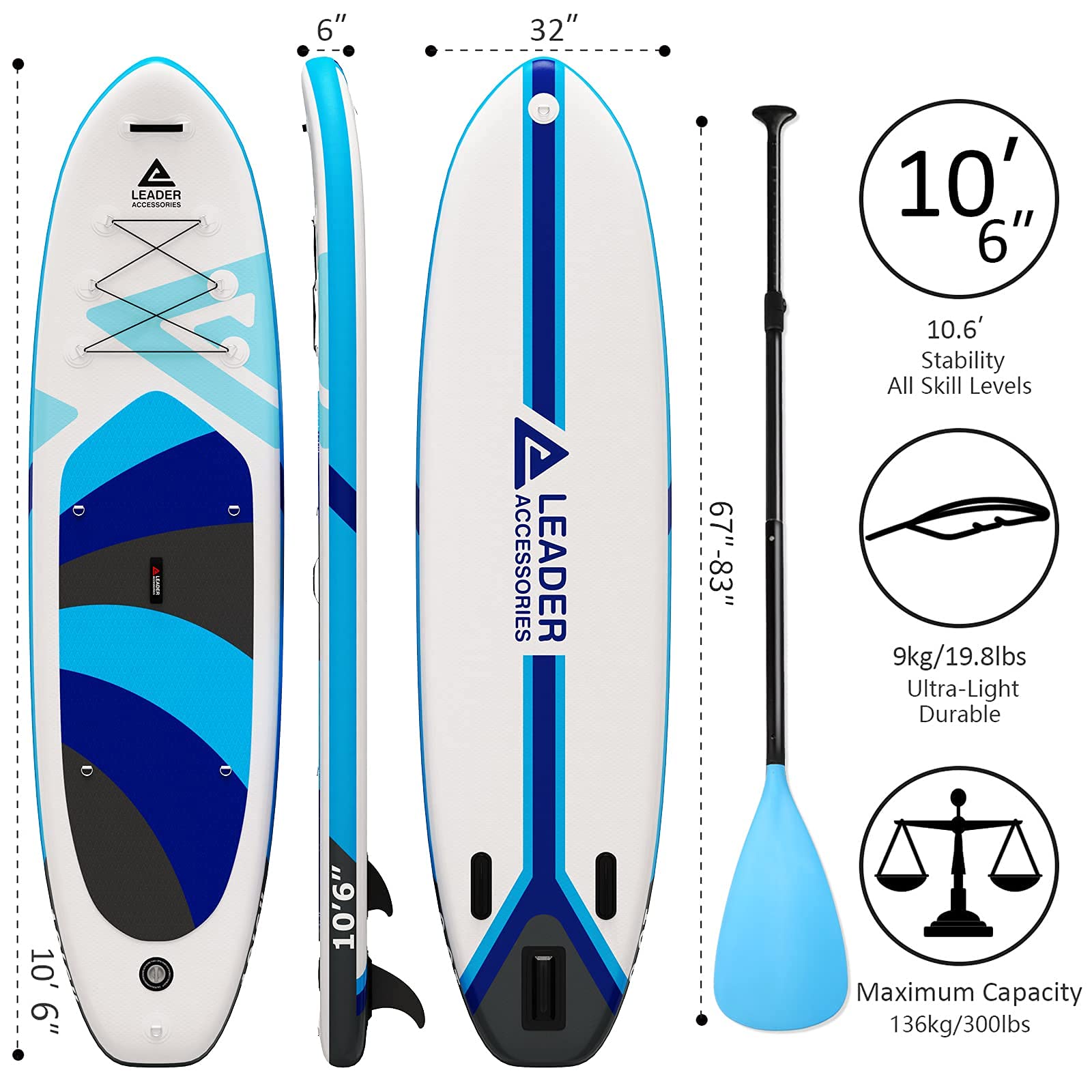 Leader Accessories Inflatable Stand Up Paddle Board 10'6"x33"x6" ISup for All Skill Levels with SUP Accessories Including Adjustable Paddle, Backpack, Leash, Hand Pump (Rainbow - Blue)
