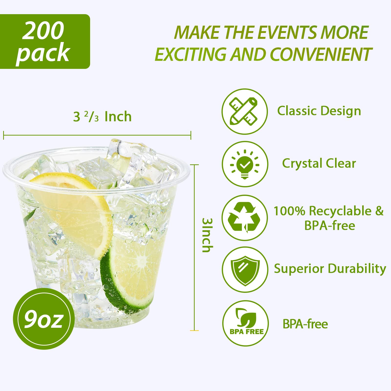 Lilymicky 200 Pack 9 oz Clear Plastic Cups, 9 Ounce Disposable Plastic Drinking Cups, Crystal Clear PET Plastic Cups for Parties, Wedding, Christmas Day