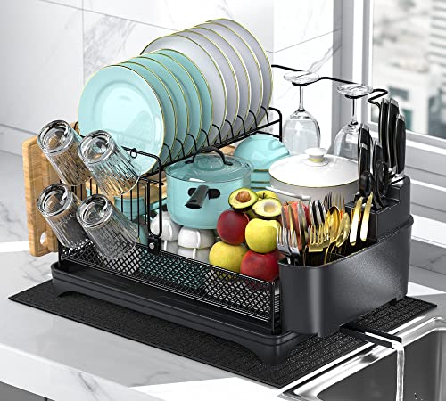 Lvtrupc Dish Drying Rack - Large-Capacity Dish Rack for Kitchen Counter, Stainless Steel Dish Drainer, 2-Tier Kitchen Dish Drying Rack for Dishes, Cutlery and Wine Glasses with Extra Dryer Mat
