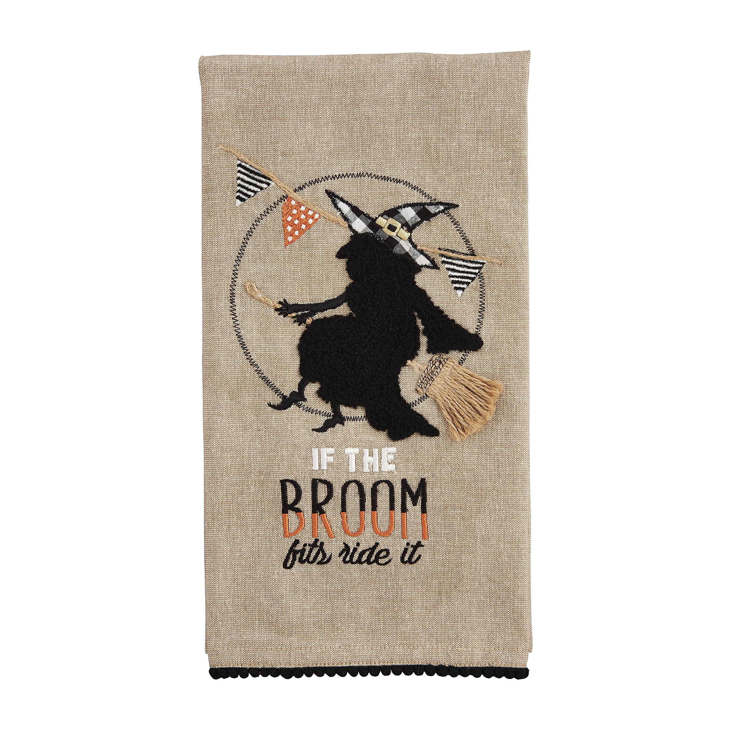 Mud Pie Halloween Embellished Tea Towel, Broom, 26" x 18"