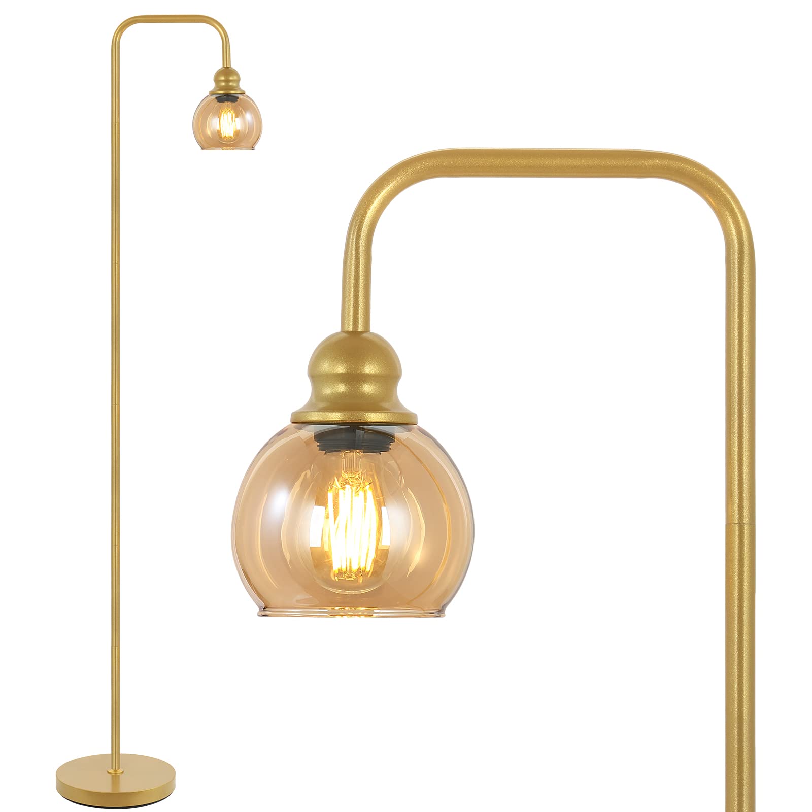 Modern Floor Lamp for Living Room with 6W LED Bulb, Industrial Floor Lamp, Amber Glass, Classic Reading Tall Lamp for Home Office, Standing Lamp for Study, Minimalist, Vintage, Mid Century, Brass Gold
