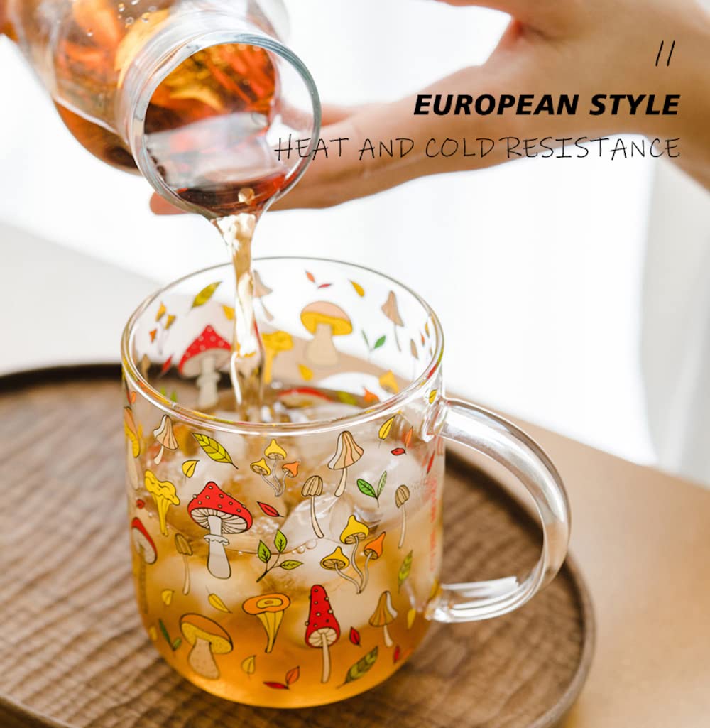 Mushroom Glass Mug with Gold Spoon Aesthetic Glass Cup with Cute Mushroom Patterns Mushroom Coffee Milk Mug Tea Cup Breakfast Drinking Mushroom Stuff (with Spoon)