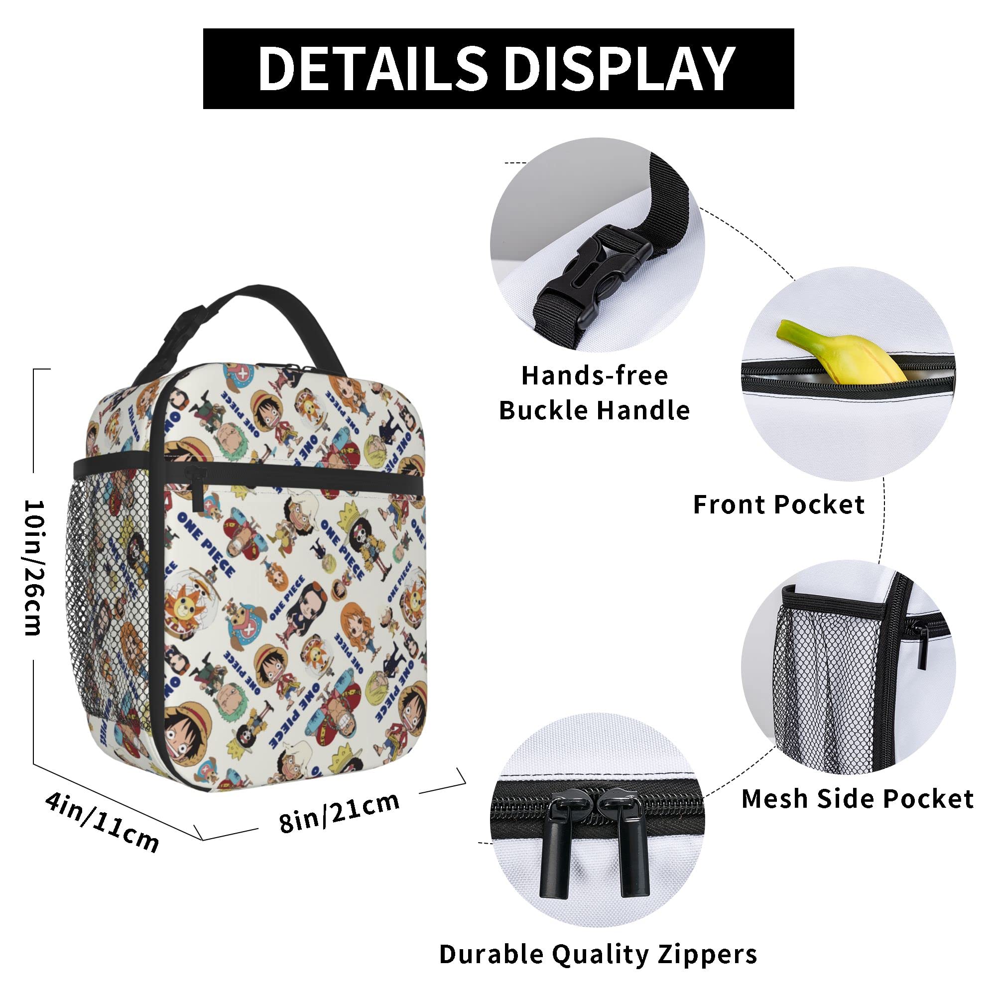 KERERI Anime Lunch Bag Boys Lunch Box With Bottle Holder Insulated Cooler Lunchbox For Kids Adults Work Office Picnic Beach (white)